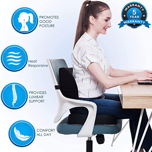 Seat Cushion & Lumbar Support Pillow for Office Chair, Car, Wheelchair Memory Foam Desk Chair Cushion for Sciatica, Lower Back & Tailbone Pain Relief Desk Pad with Adjustable Strap 3D Washable Cover