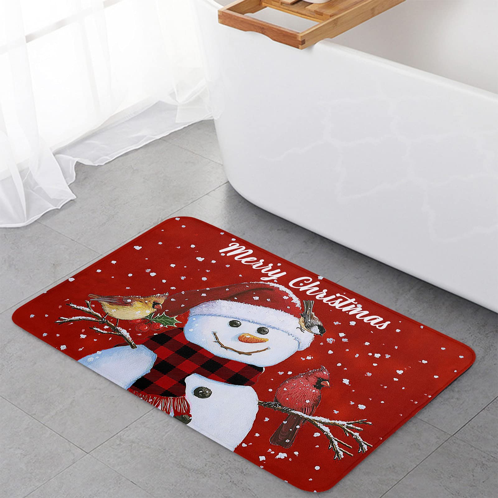 Christmas Bath Rugs Christmas Snowman Sponge Doormat Absorbent Non Slip Backing Durable Soft Flannel Mat Red Cardinals Winter Snowy Christmas Memory Foam Mats for Bathroom Kitchen 16 x 24 inches