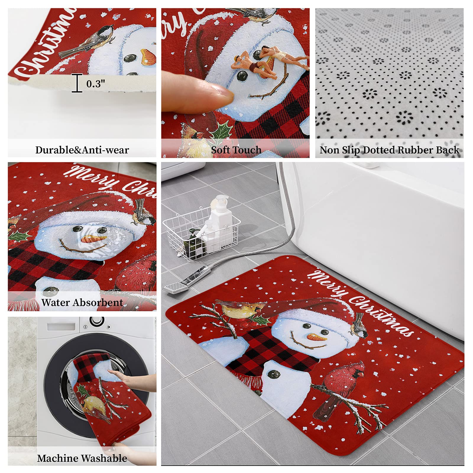 Christmas Bath Rugs Christmas Snowman Sponge Doormat Absorbent Non Slip Backing Durable Soft Flannel Mat Red Cardinals Winter Snowy Christmas Memory Foam Mats for Bathroom Kitchen 16 x 24 inches