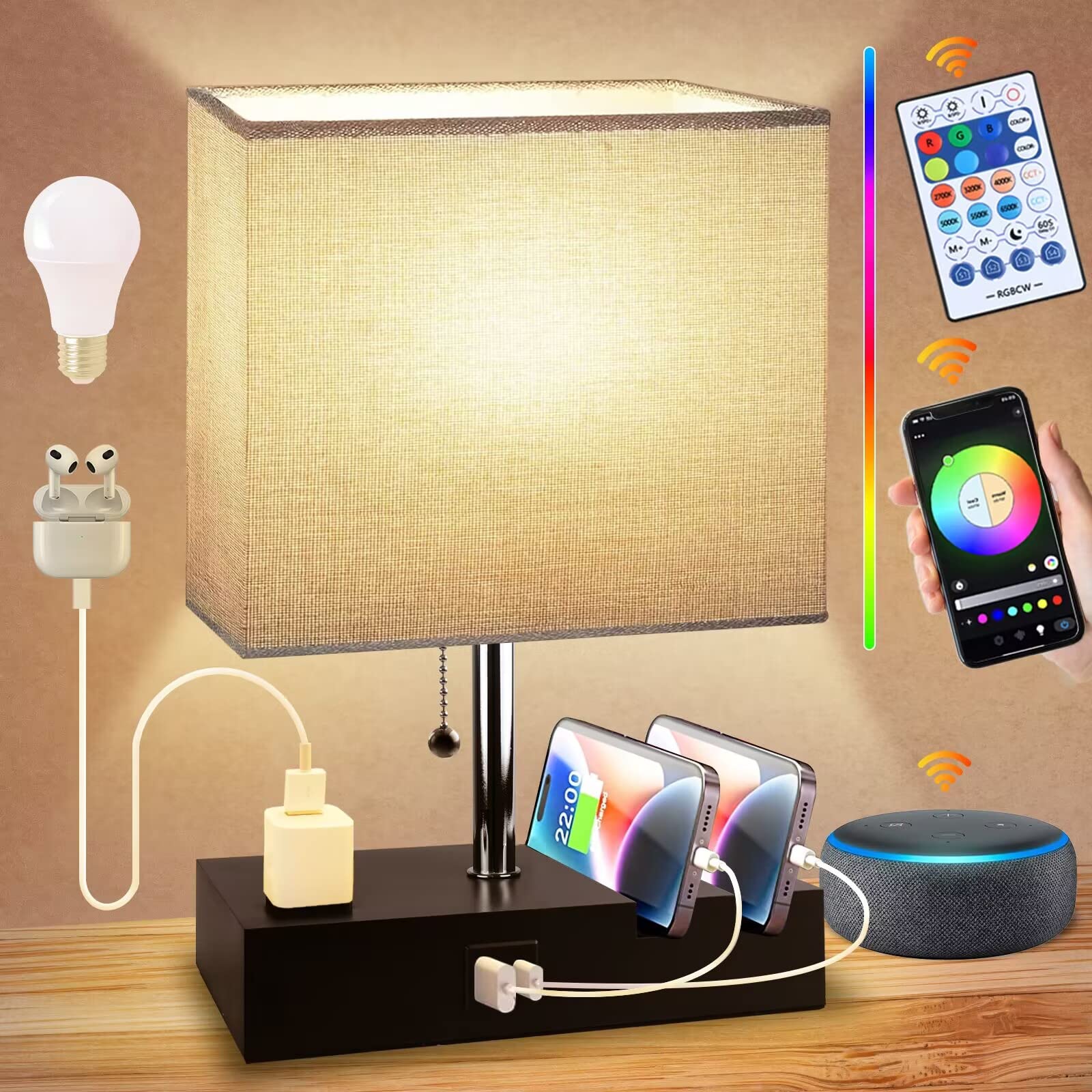YIEELOG Smart RGB Dimmable Table Lamp Work with Alexa&APP&Remote Control, Bedside Desk Lamp with Charging Ports&Outlet&Phone Stand, Music Sync Nightstand Lamp for Bedroom Living Room Office Dorm