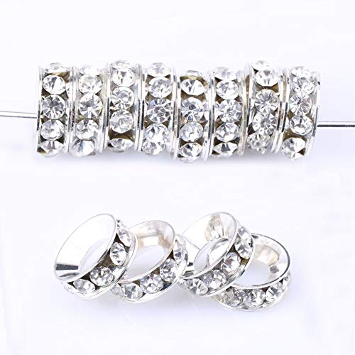100pcs Adabele Grade A 12mm (0.47 Inch) Crystal Rhinestone Rondelle Spacer Beads (Large Hole 6mm) Sterling Silver Plated Brass Round Metal Beads CF5-12