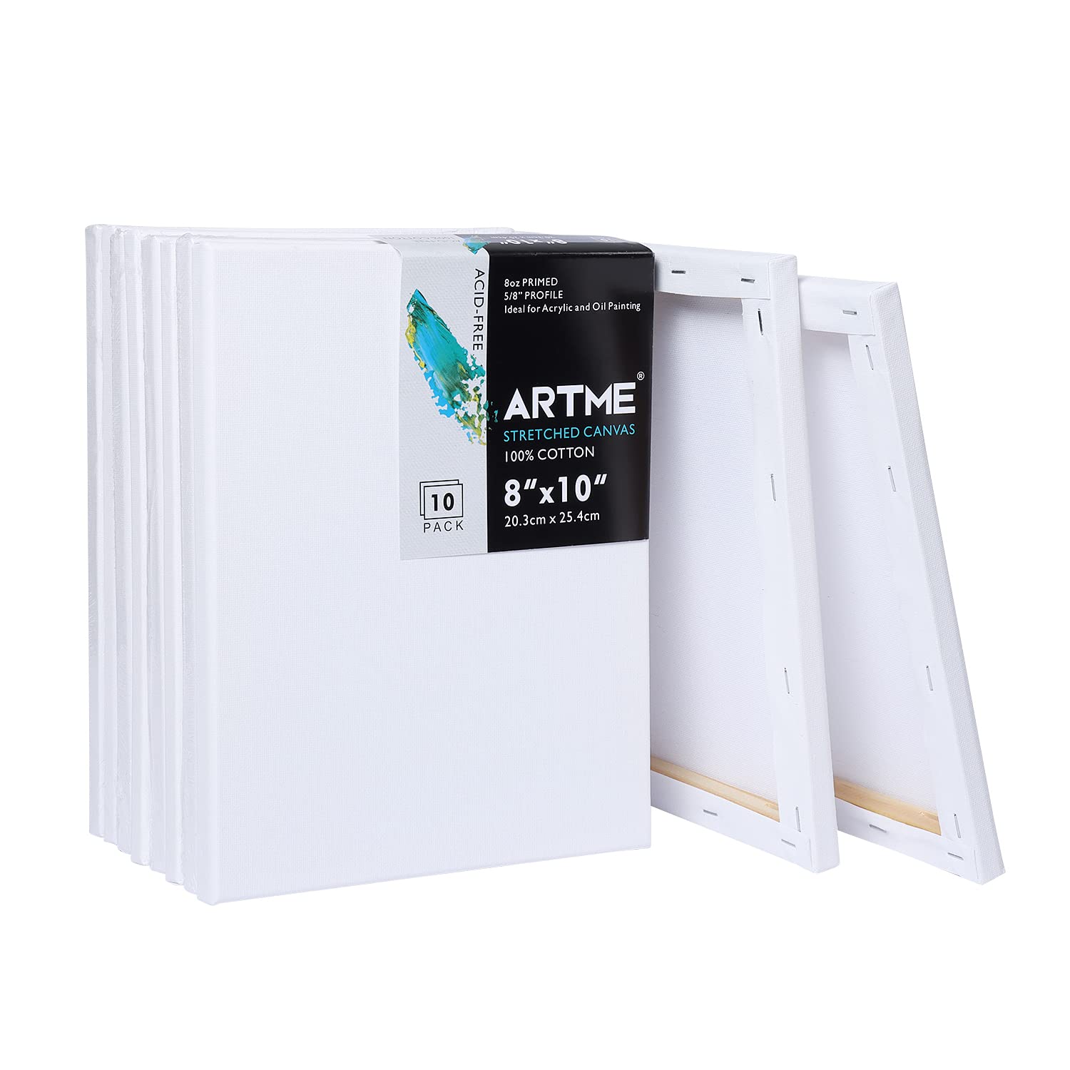 ARTME Stretched Canvas 8x10 Inch Pack of 10, 8oz Primed Acid-Free 100% Cotton, White Blank Canvases Perfect for Acrylic, Oil, and Other Painting Media, Ideal Painting Canvas for Artists and Students