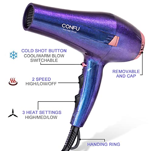 CONFU Professional Hair Dryer, Compact Blow dryer, Negative ionic Hair Dryer With Diffuser And Concentrator, For Quick Drying, ETL Certified, Purple