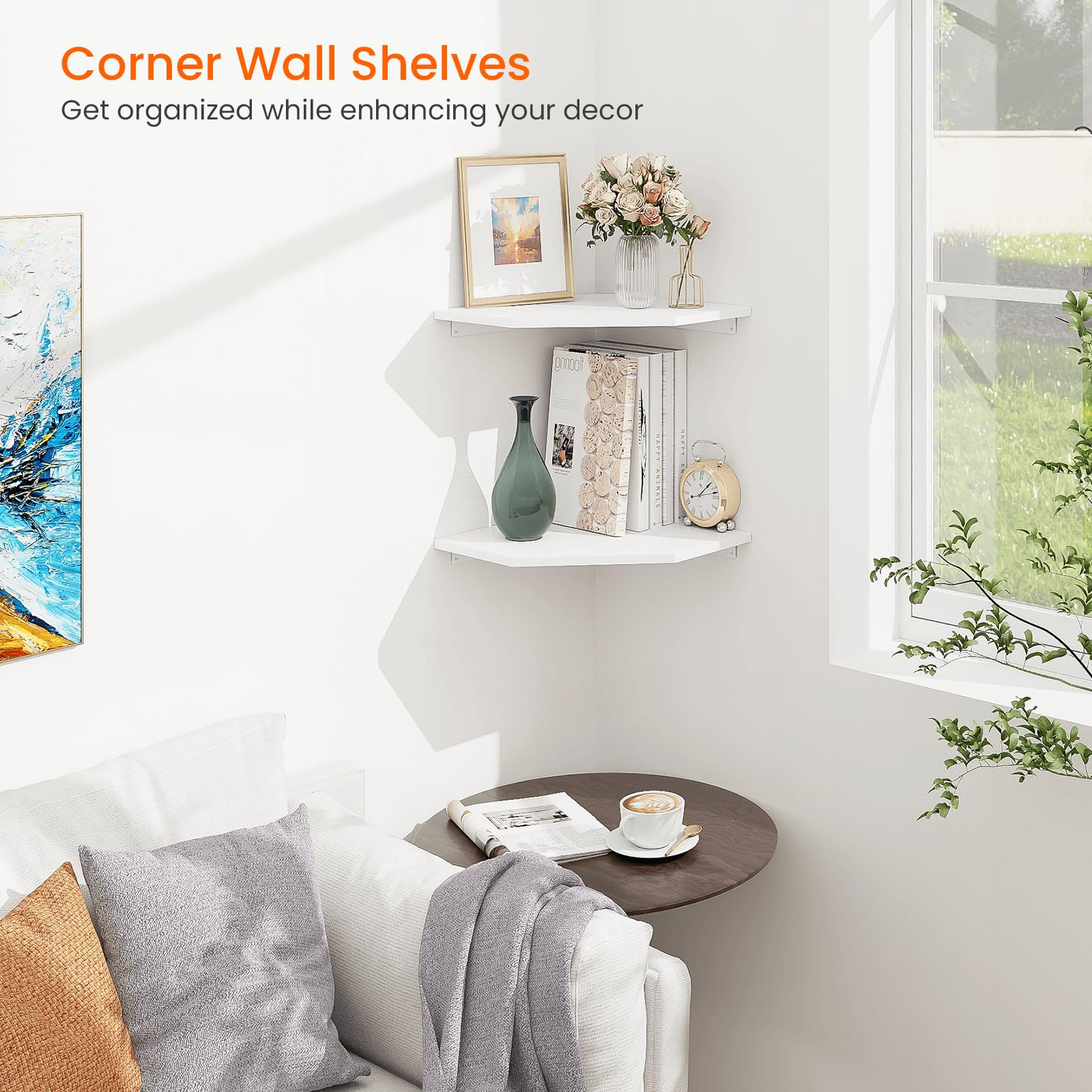 Homode Corner Shelf Wall Mount, Set of 2 Corner Floating Shelves with Cord Hole for Speaker, Cable Box, 2 Tier Wood Hanging Storage Shelf for Bathroom Living Room Bedroom, White