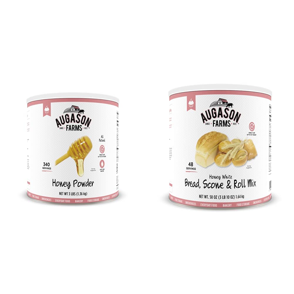Augason Farms Honey Powder 3 lbs & Honey White Bread Scone & Roll Mix Emergency Food Storage #10 Can
