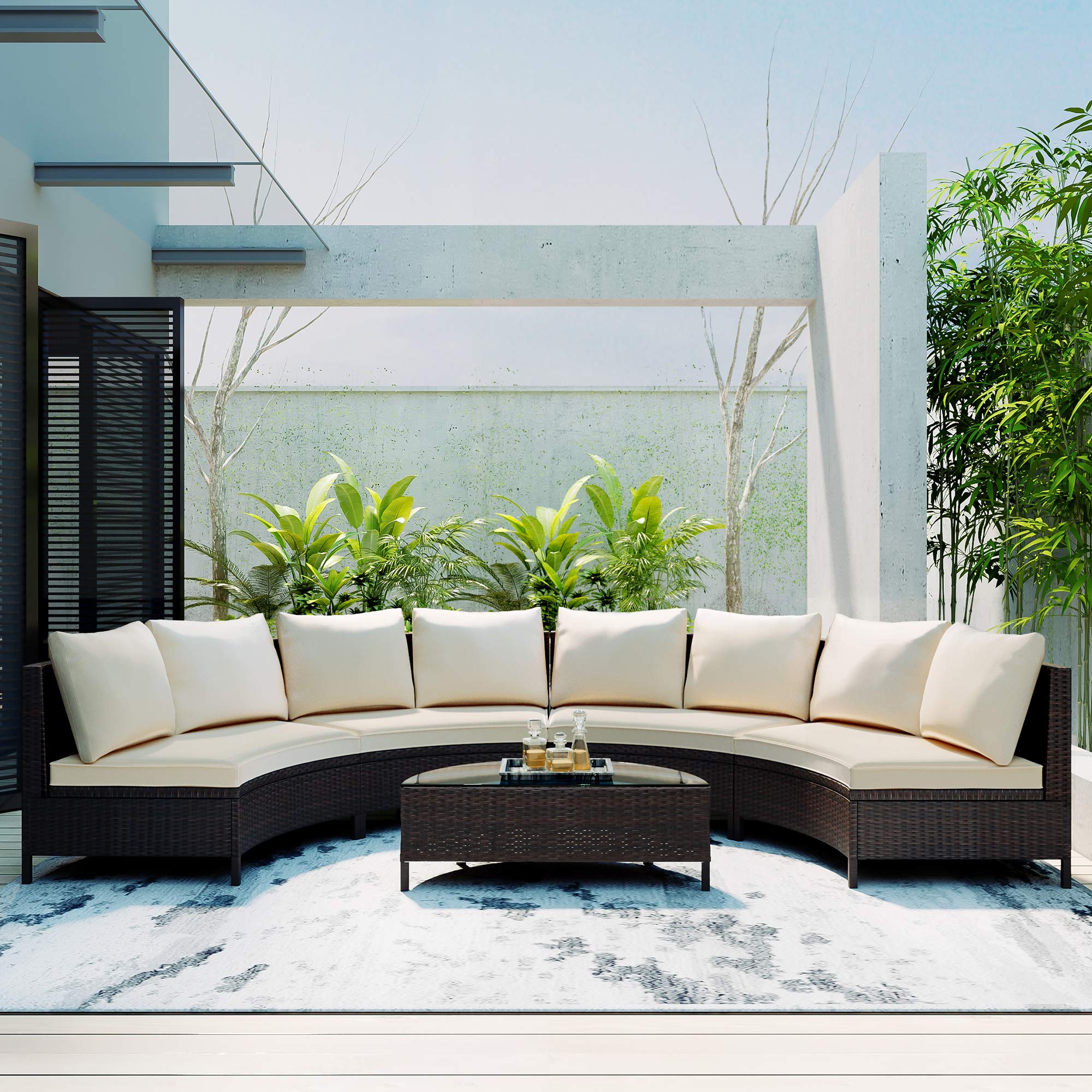 CJLMN 5-Piece Half Moon Outdoor Sectional Sofa Set, Patio All-Weather PE Wicker Furniture with Pillows, Cushions and Half-Moon Tempered Glass Table (Beige)
