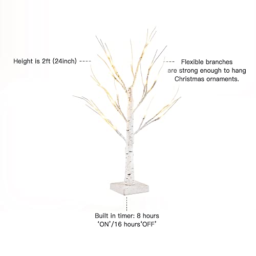 YEAHOME 2 Pack 2FT/24β Birch Tree Light with 18LT Warm White LEDs Battery Powered Timer for Christmas Decorations Indoor, Artificial Tabletop Money Tree for Wedding Party Desk Table Mantel Home Decor