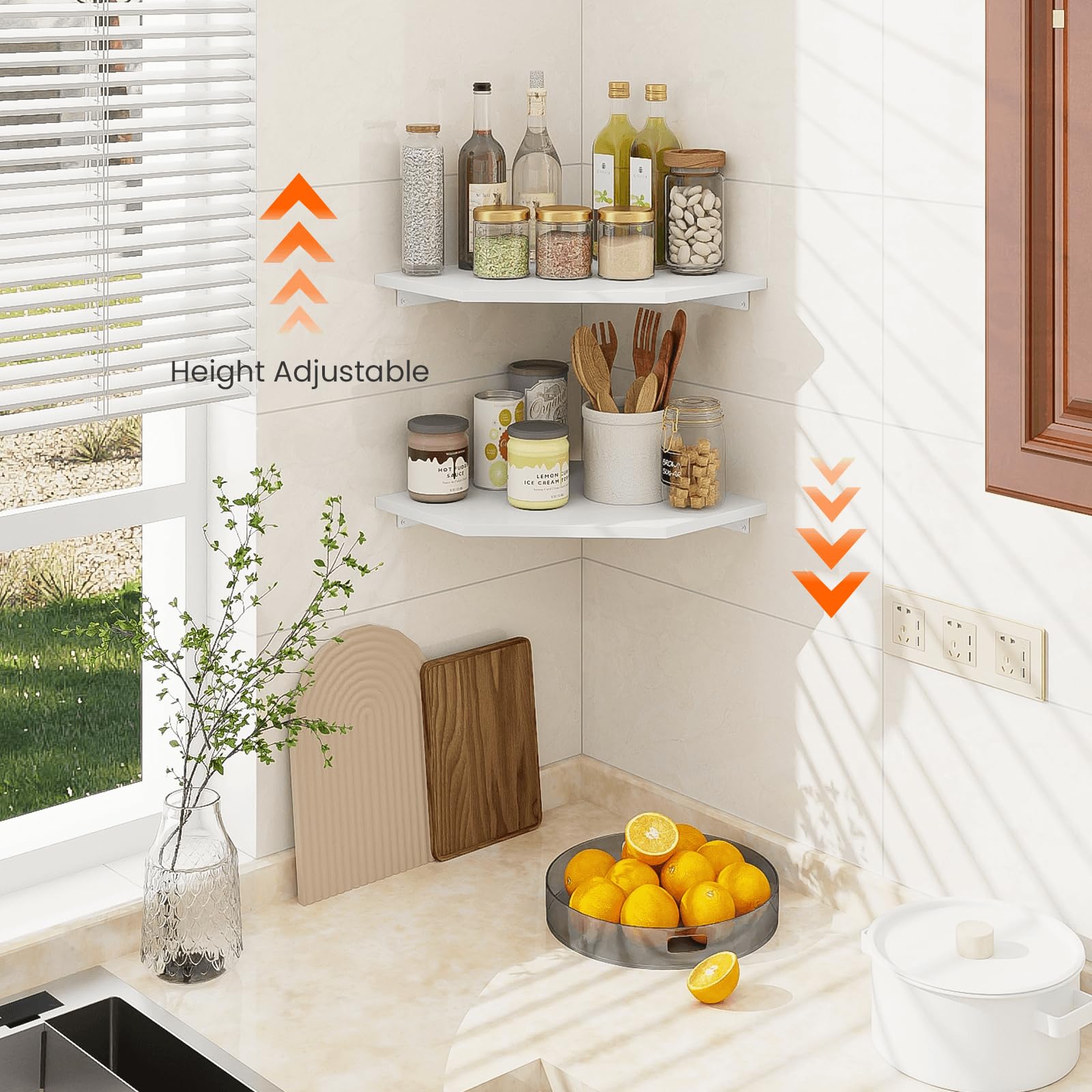 Homode Corner Shelf Wall Mount, Set of 2 Corner Floating Shelves with Cord Hole for Speaker, Cable Box, 2 Tier Wood Hanging Storage Shelf for Bathroom Living Room Bedroom, White