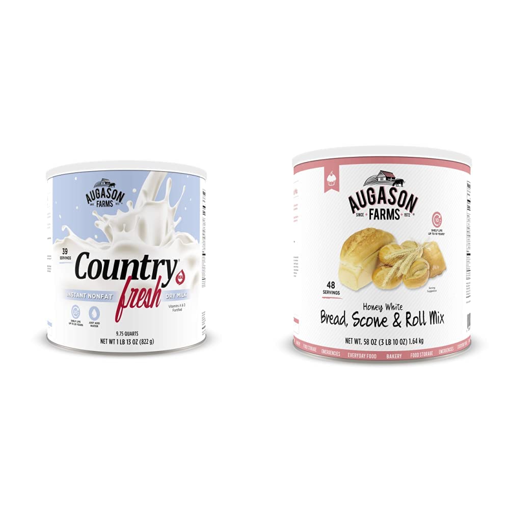 Augason Farms 5-90620 Country Fresh 100% Real Instant Nonfat Dry Milk, 1 lb., 13 oz. & Honey White Bread Scone & Roll Mix Emergency Food Storage #10 Can