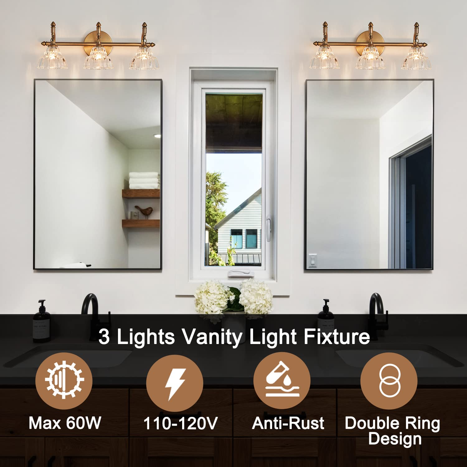OFFDARKS Bathroom Vanity Light Fixtures Matte Brass Vintage Vanity Lighting Fixture Over Mirror 3 Lights Wall Sconce for Bedroom Dressing Room Living Room Hallway