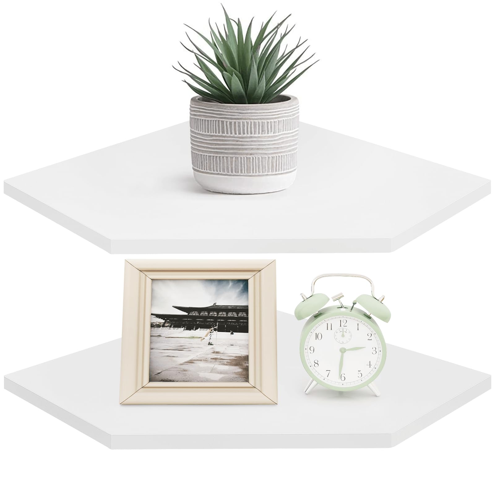 Homode Corner Shelf Wall Mount, Set of 2 Corner Floating Shelves with Cord Hole for Speaker, Cable Box, 2 Tier Wood Hanging Storage Shelf for Bathroom Living Room Bedroom, White