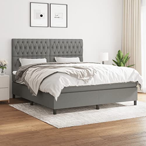 GOLINPEILO California King Fabric Box Spring Bed with Mattress Set,Included 1 x Bed Frame/1 x Headboard/1 x Mattress/1 x Mattress Topper, Dark Gray with Black Legs (Style F)