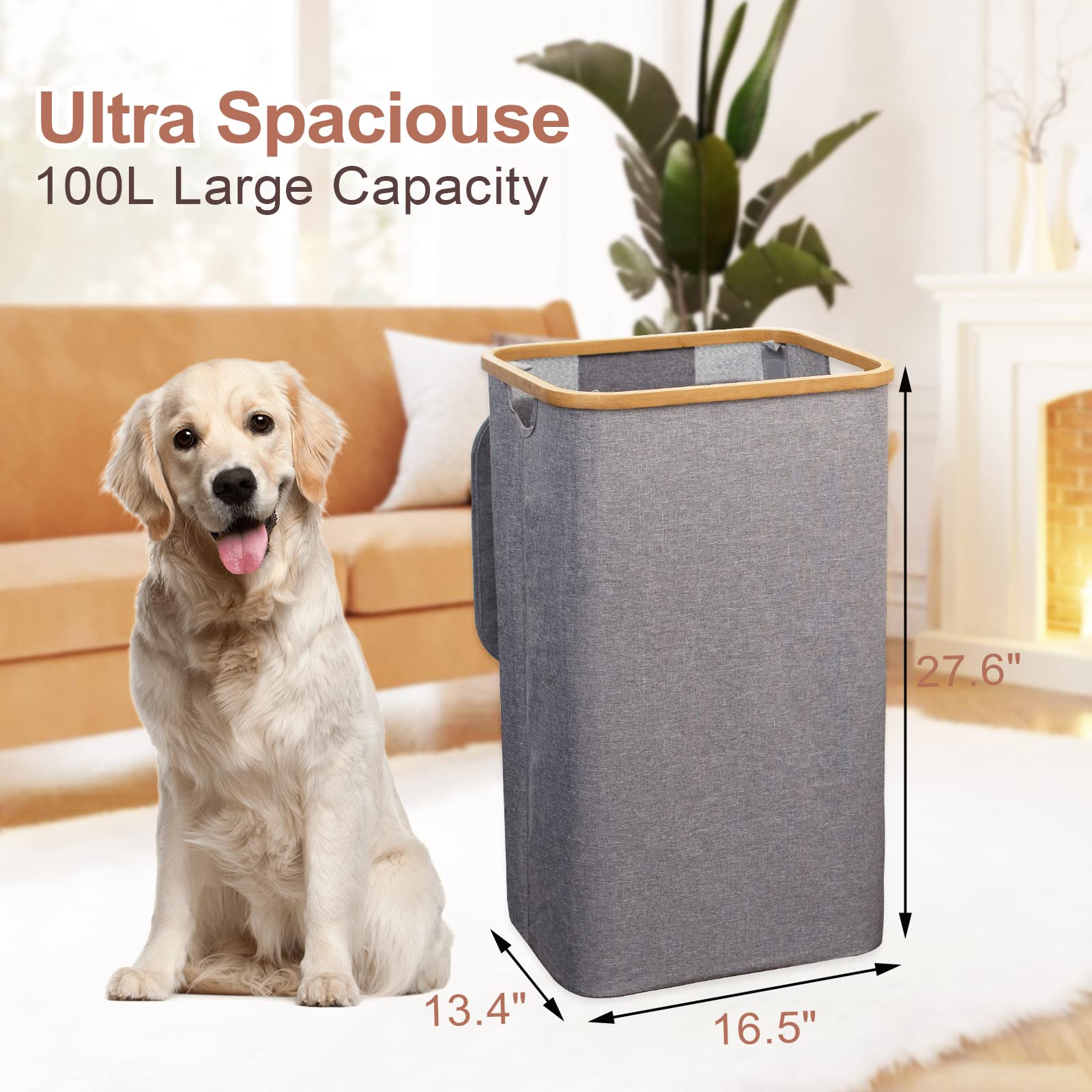 FairyHaus Laundry Basket with Lid, Freestanding Large Laundry Hamper with Lid, Removable Bag & Support Rods, Collapsible Dirty Clothes Hampers for Laundry with Easy Carry Bamboo Handles, Tall, Grey
