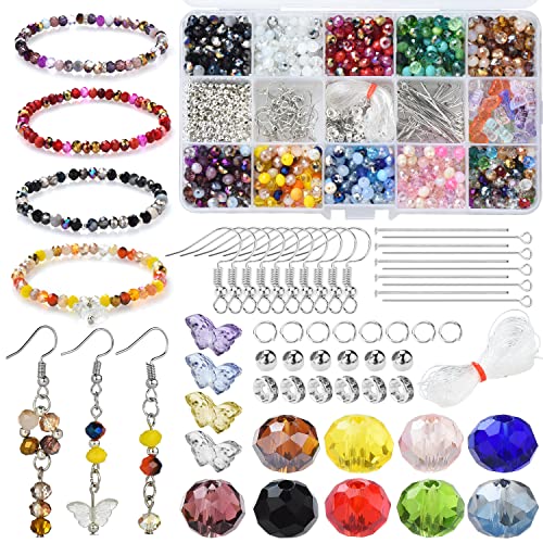 KINGSHINE Mixed Crystal Glass Beads for Jewelry Making Kit,6mm 1000pcs Round Rondelle Beads with Metal Jewelry Findings Crafts,Loose Spacer Beads for Bracelets,Necklaces,Earrings