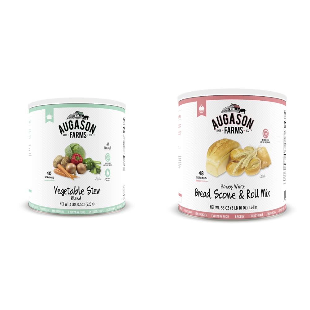 Augason Farms Vegetable Stew Blend 2 lbs 0.5 oz No. 10 Can & Honey White Bread Scone & Roll Mix Emergency Food Storage #10 Can