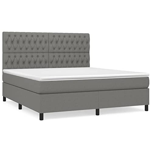 GOLINPEILO California King Fabric Box Spring Bed with Mattress Set,Included 1 x Bed Frame/1 x Headboard/1 x Mattress/1 x Mattress Topper, Dark Gray with Black Legs (Style F)