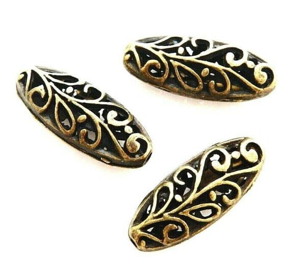 Beads for Jewelry Making, Bracelet, Earring and Necklace 5 Antiqued Bronze Gold Hollow Filigree Cutout Long Oval Spacer Metal