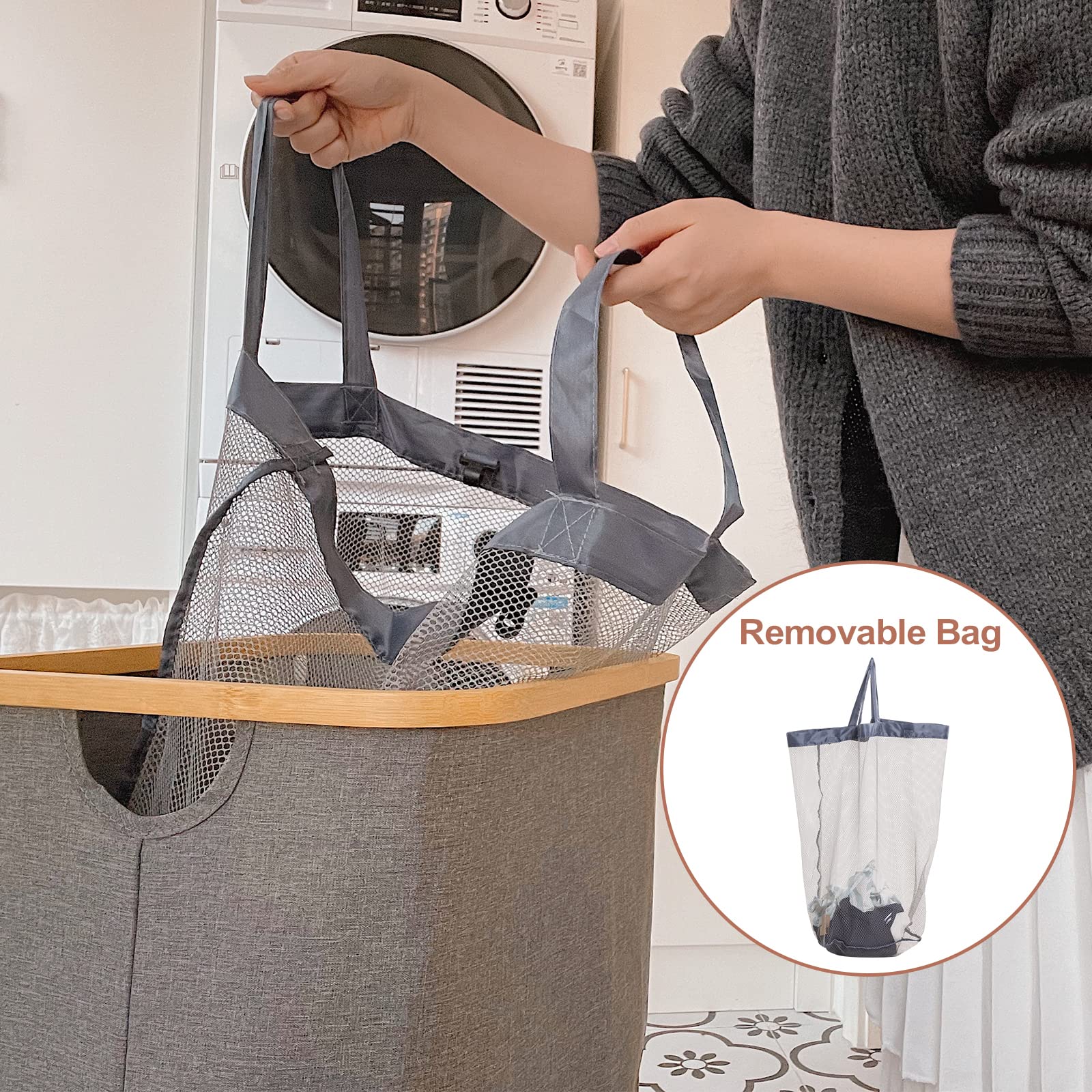 FairyHaus Laundry Basket with Lid, Freestanding Large Laundry Hamper with Lid, Removable Bag & Support Rods, Collapsible Dirty Clothes Hampers for Laundry with Easy Carry Bamboo Handles, Tall, Grey