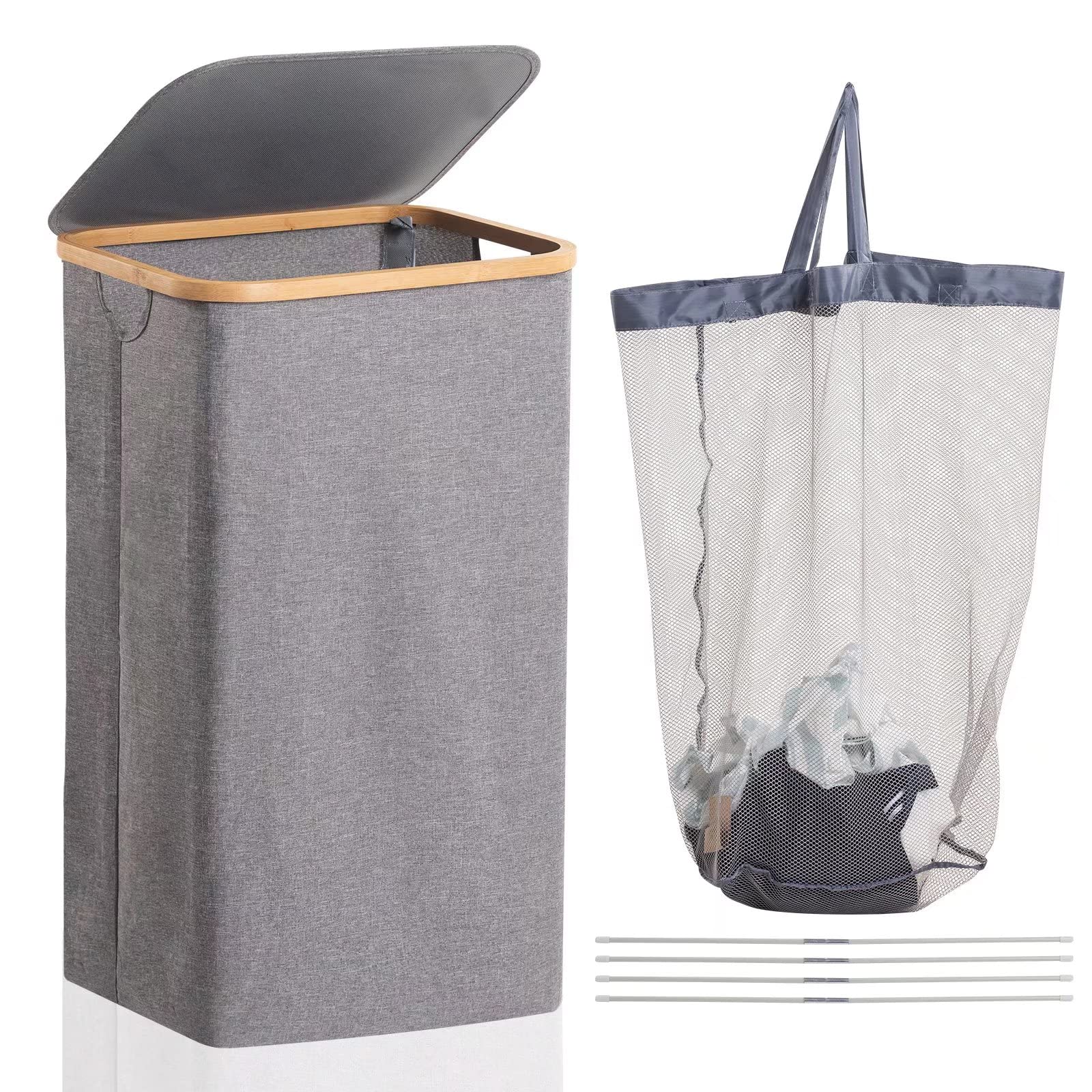 FairyHaus Laundry Basket with Lid, Freestanding Large Laundry Hamper with Lid, Removable Bag & Support Rods, Collapsible Dirty Clothes Hampers for Laundry with Easy Carry Bamboo Handles, Tall, Grey