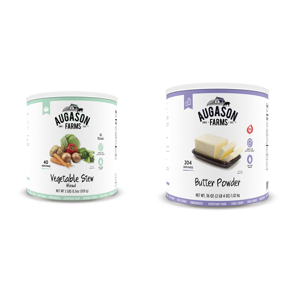 Augason Farms Vegetable Stew Blend 2 lbs 0.5 oz No. 10 Can & Butter Powder 2 lbs 4 oz No. 10 Can