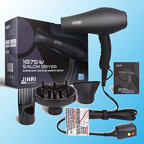 Hair Dryer 1875W, Negative Ionic Fast Dry Low Noise Blow Dryer, Professional Salon Hair Dryers with Diffuser, Concentrator, Styling Pik, 2 Speed and 3 Heat Settings (Black)