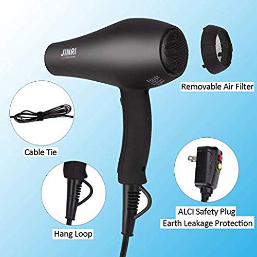 Hair Dryer 1875W, Negative Ionic Fast Dry Low Noise Blow Dryer, Professional Salon Hair Dryers with Diffuser, Concentrator, Styling Pik, 2 Speed and 3 Heat Settings (Black)