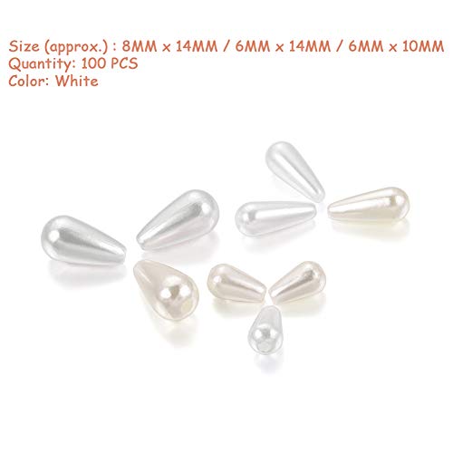 AKOAK Pack of 100 White Plastic Faux Pearl Teardrop Imitation Pearl Waterdrop Beads for DIY Jewelry Making (6MM x 10MM)