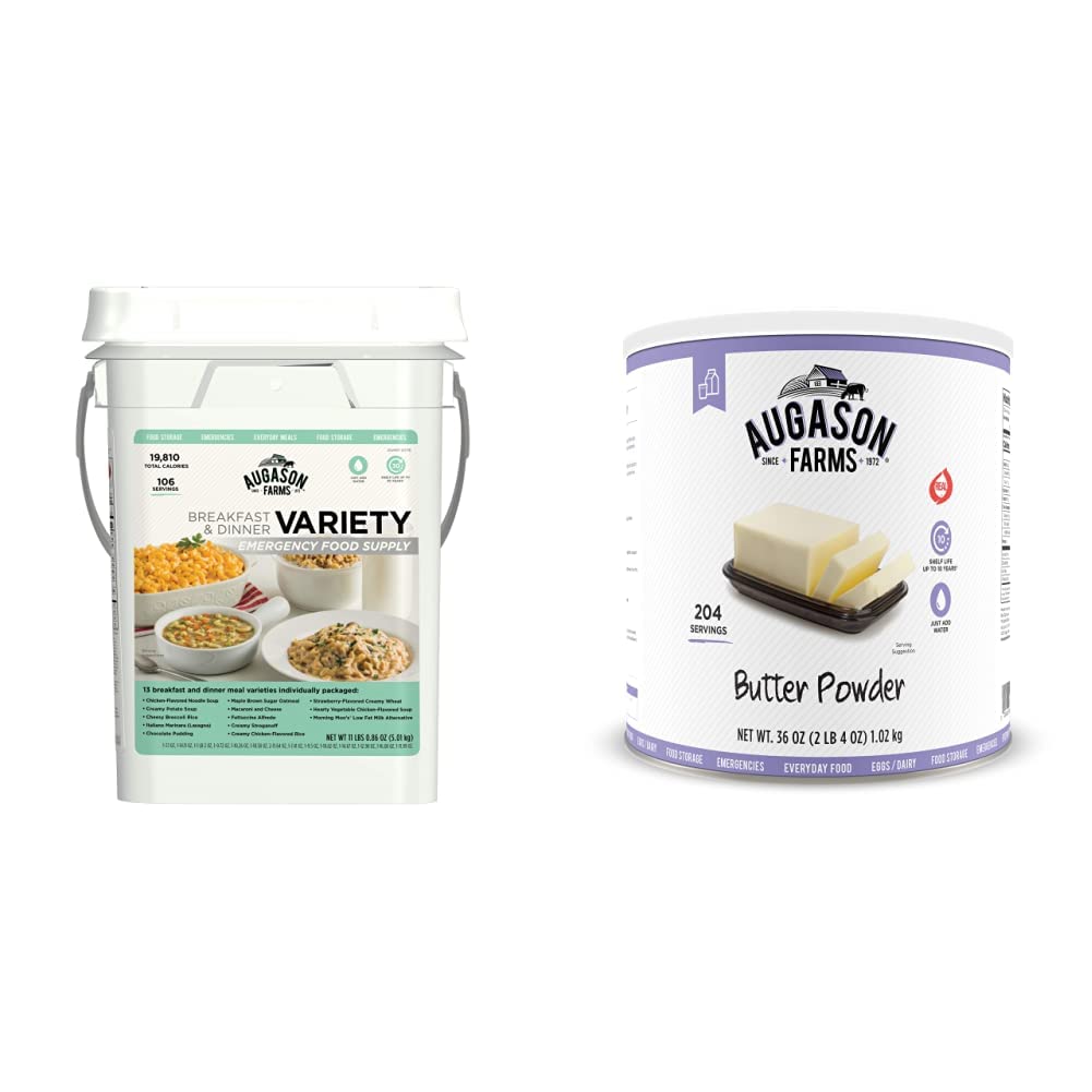 Augason Farms Breakfast and Dinner Variety Pail Emergency Food Supply Everyday Meals 4 Gallon Pail & Butter Powder 2 lbs 4 oz No. 10 Can