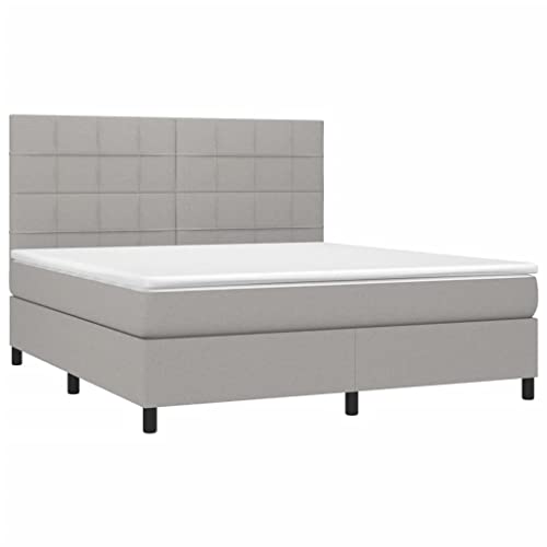 loibinfen King Fabric Box Spring Bed with Mattress Set,Included 1 x Bed Frame/1 x Headboard/1 x Mattress/1 x Mattress Topper, Light Gray with Black Legs(Style C)