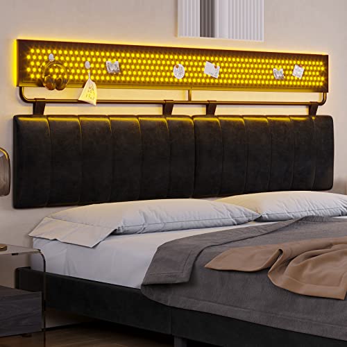 EPHEX King Platform Bed Frame with LED Lights, Faux Leather Upholstered Bed Frame with Wall Mount Headboard & Pegboard, Strong Wood Slat Support, No Box Spring Needed, Black