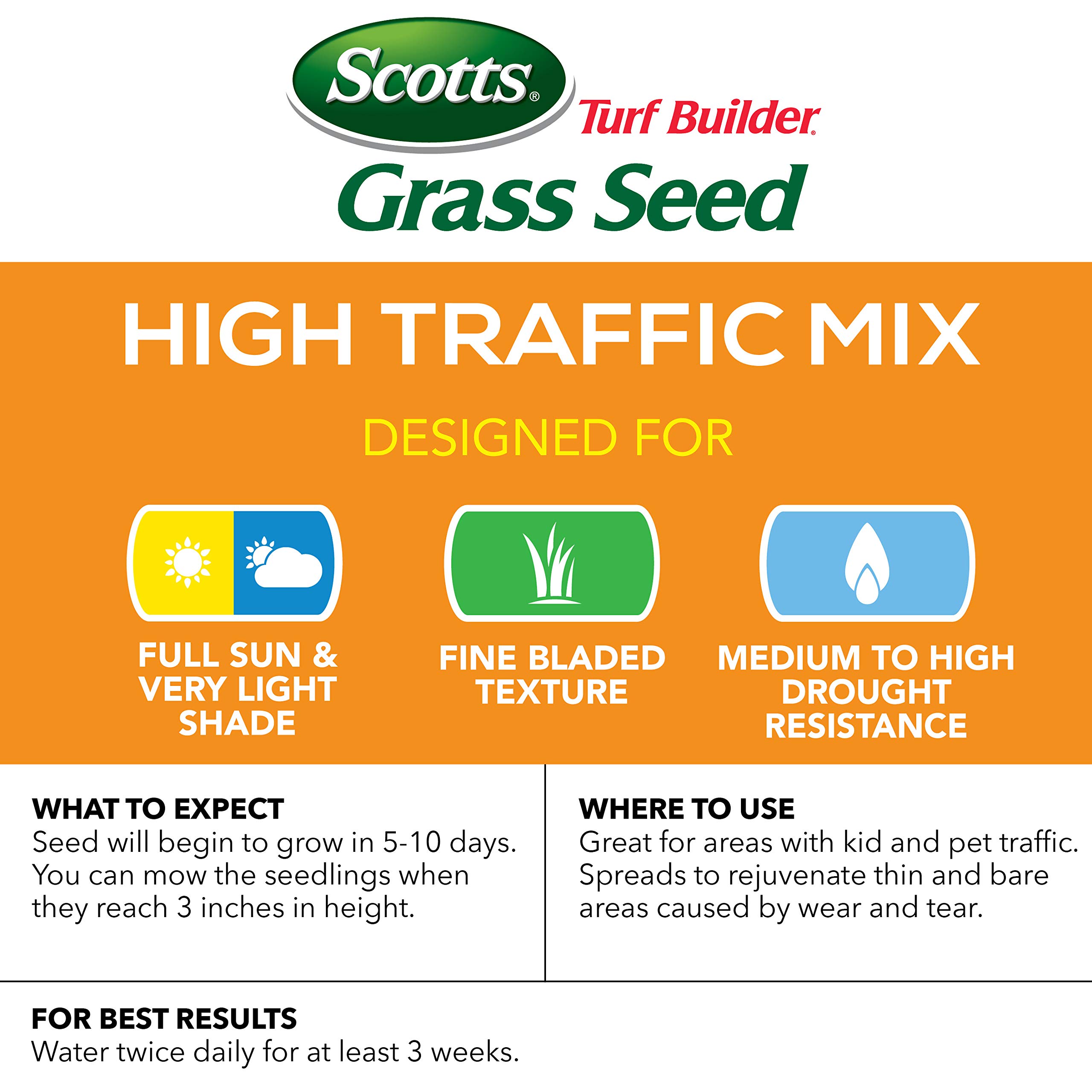 Scotts Turf Builder Grass Seed High Traffic Mix Establishes Strong Roots and Self-Repairs to Withstand Wear and Tear, 3 lbs.