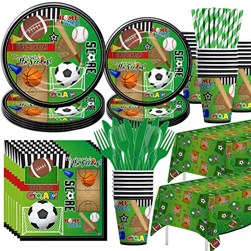 Xigejob Sports Theme Birthday Party Supplies Tableware, Sports Party Decorations, Plates, Cups, Napkins, Tablecloth, Cutlery, Straws, Soccer Basketball Baseball Football Theme Dinnerware | Serve 24