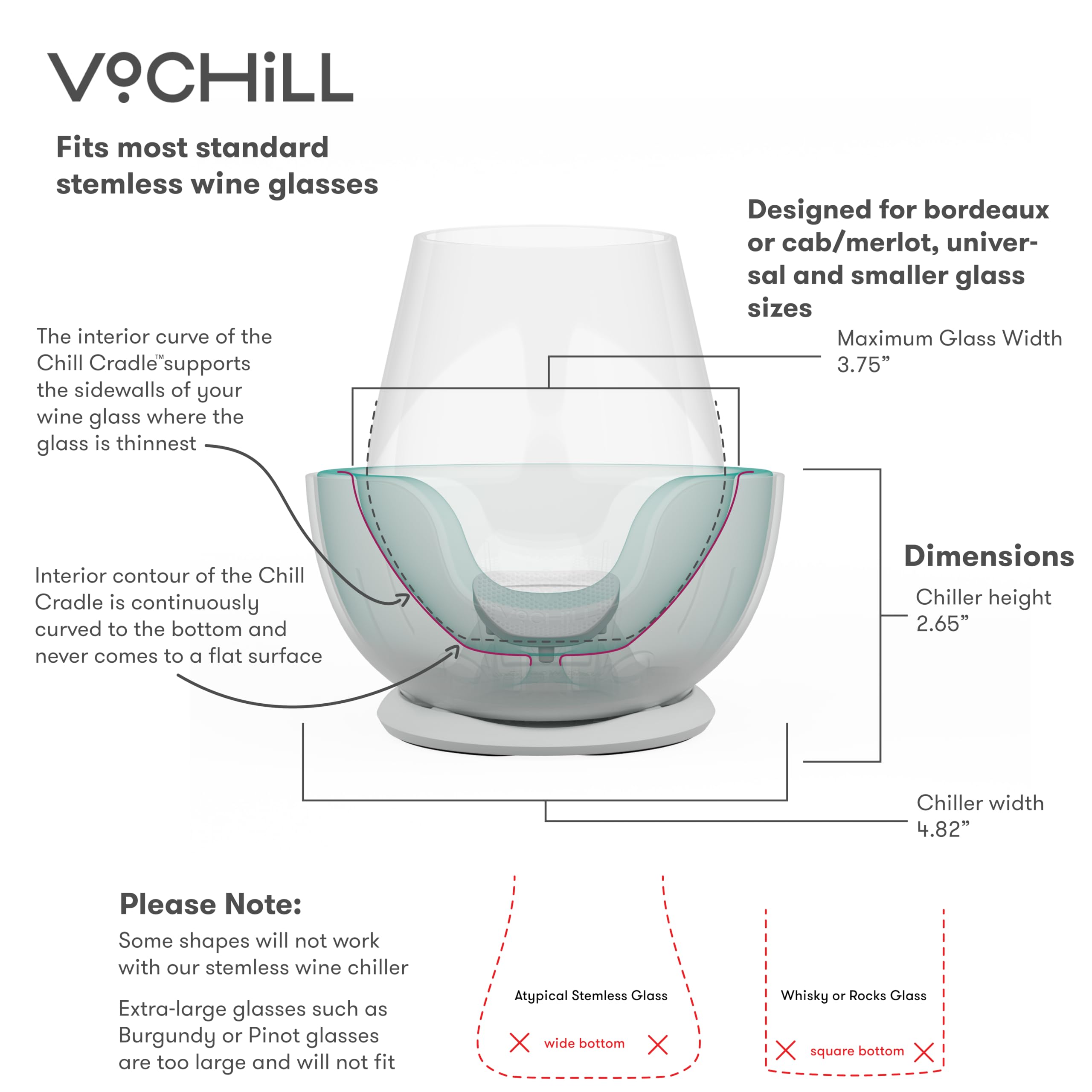 VoChill Stemless Wine Glass Chiller | Keep the Chill In Your Glass | Made in the USA | Separable & Refreezable Chill Cradle | Actively Chills Stemless Glassware | Quartz, Single Stemless