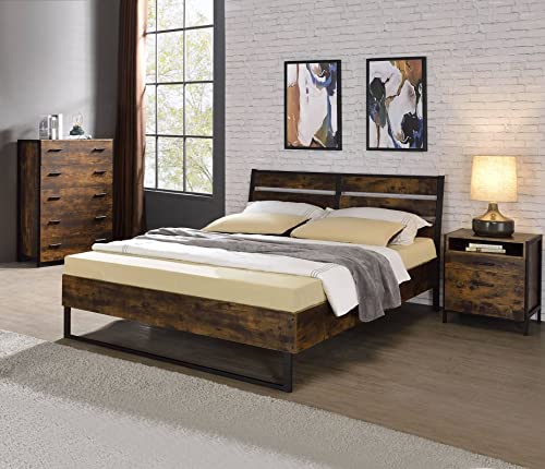 Epinki Eastern King Bed in Rustic Oak & Black, Wood, Bed Frame, Easy Assembly