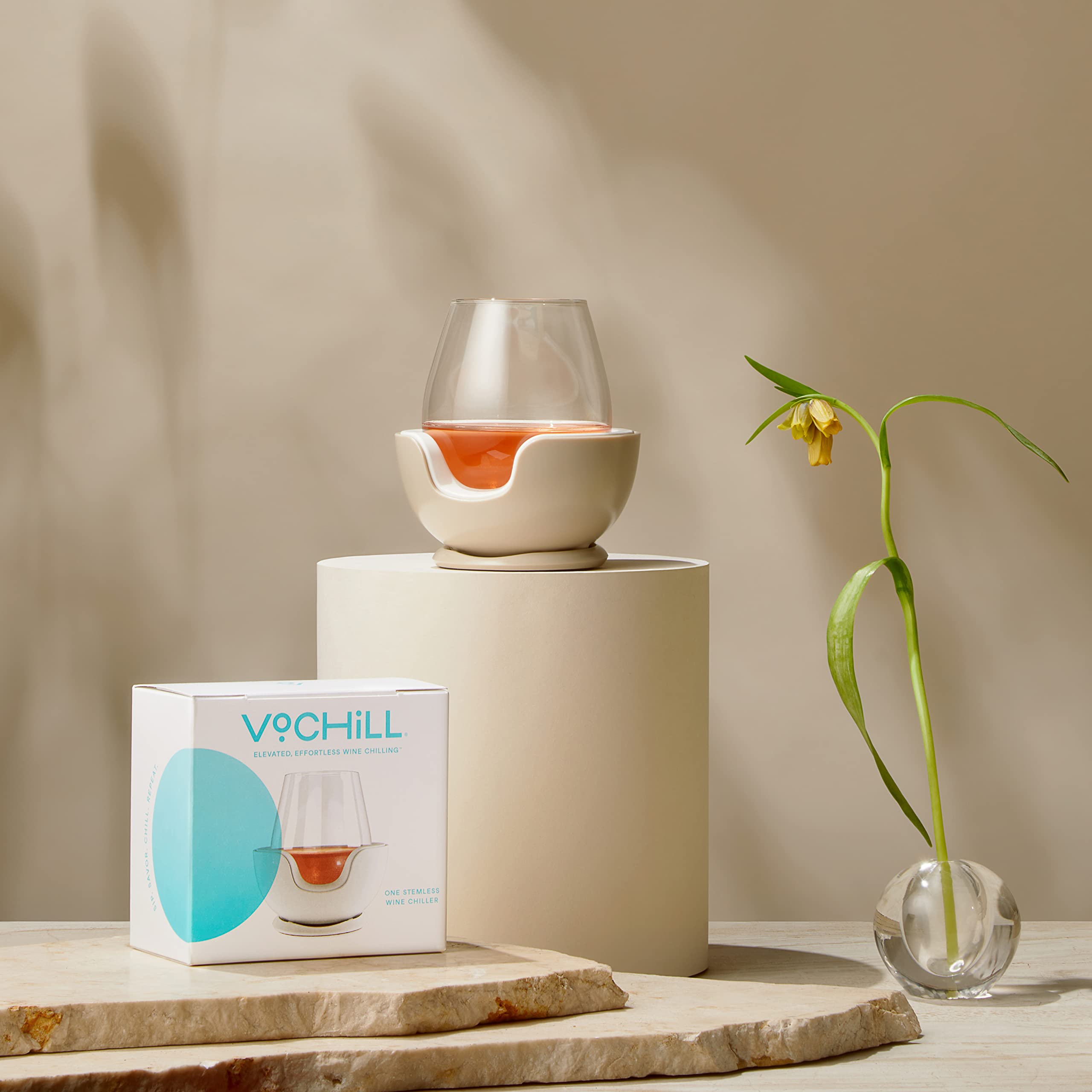 VoChill Stemless Wine Glass Chiller | Keep the Chill In Your Glass | Made in the USA | Separable & Refreezable Chill Cradle | Actively Chills Stemless Glassware | Quartz, Single Stemless