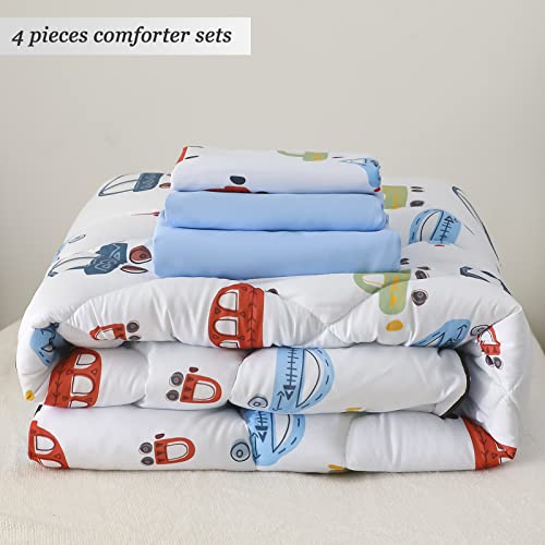 KINBEDY 4 Pieces White Toddler Bedding Sets for Boys Cars Blue Bed Sheets Set Cartoon Comforter Set for Baby Kids | Include Comforter, Flat Sheet, Fitted Sheet, Pillowcase