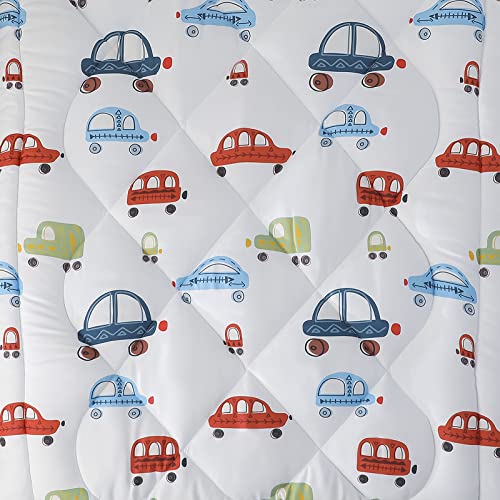 KINBEDY 4 Pieces White Toddler Bedding Sets for Boys Cars Blue Bed Sheets Set Cartoon Comforter Set for Baby Kids | Include Comforter, Flat Sheet, Fitted Sheet, Pillowcase