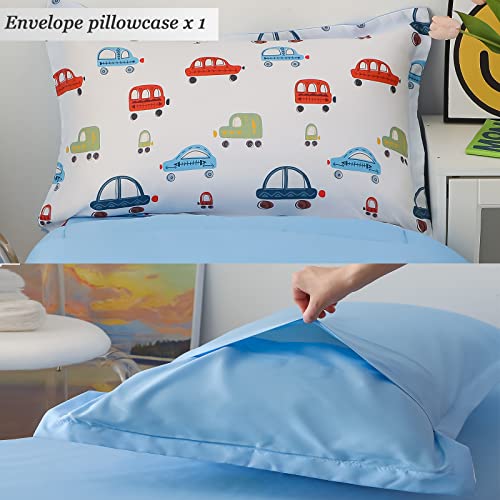 KINBEDY 4 Pieces White Toddler Bedding Sets for Boys Cars Blue Bed Sheets Set Cartoon Comforter Set for Baby Kids | Include Comforter, Flat Sheet, Fitted Sheet, Pillowcase