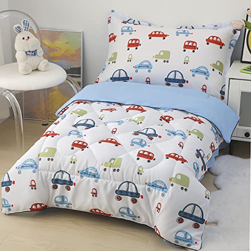 KINBEDY 4 Pieces White Toddler Bedding Sets for Boys Cars Blue Bed Sheets Set Cartoon Comforter Set for Baby Kids | Include Comforter, Flat Sheet, Fitted Sheet, Pillowcase