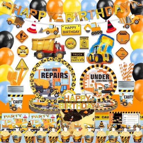 Construction Birthday Party Supplies, 207 Pcs Dump Truck Party Decoration For Boys Kids Birthday Party - Banner, Cake and Cupcake Toppers, Forks, Knives, Spoons, Straws, Plates, Balloons, Invitation Cards, Tablecloth, Party Signs, Cups, Napkins Serves 16