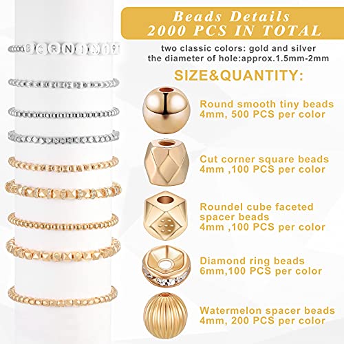 2000 Pieces DIY Assorted Spacer Bead Set Round Smooth Tiny Bead Diamond Ring Bead Cube Faceted Spacer Bead Corner Square Bead Loose Jewelry Bead for Bracelet Earring Necklace DIY Jewelry Craft Making