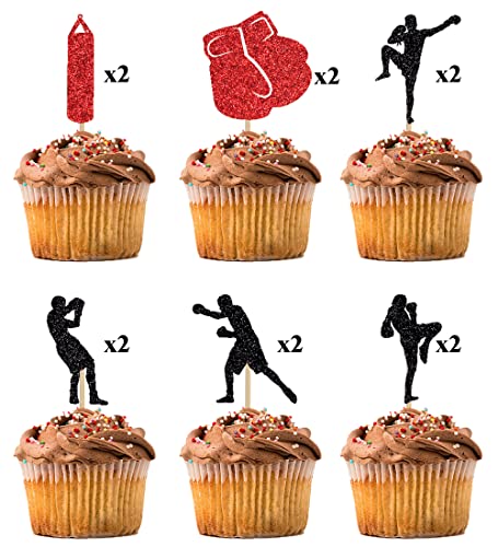 BIABISD 12 Piece boxing Cupcake Toppers boxing Themed Cupcake Toppers boxing Happy Birthday Party Supplies Shiny Black Red Decorations
