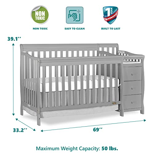 Dream On Me 5 In 1 Brody Convertible Crib With Changer In Pebble Grey, Greenguard Gold Certified, Comes With 1" Changing Pad, Non-Toxic Finish, Made Of Durable Pinewood
