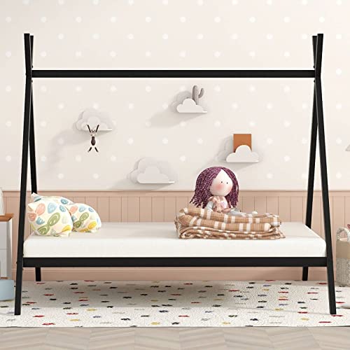Epinki House Bed Tent Bed Frame Full Size Metal Floor Play House Bed with Slat for Kids Girls Boys, No Box Spring Needed Black