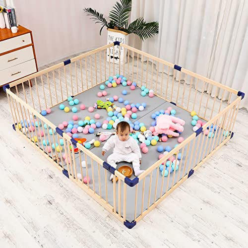 Wooden Baby Playpen Fence Play Pen Play Yard Area Gate with Door for Babies and Toddlers Kids, Portable Wooden Indoor Freestanding, Kids Baby Pet Cats Play Fence Playpen with Door(180x200x61cm)