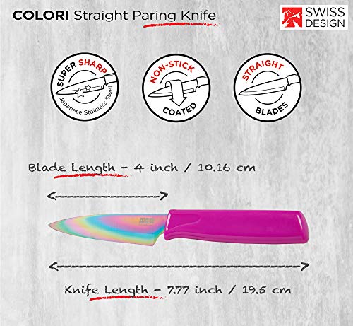 Kuhn Rikon Colori Non-Stick Straight Paring Knife with Safety Sheath, 4 inch/10.16 cm Blade, Unicorn