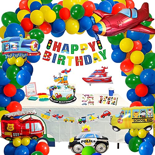 Transportation Party Decorations for Boys, 49PCS Construction Happy Birthday Supplies Vehicle Traffic Theme Baby Shower Red Green Blue Garland Kit for 2nd 1st with Car Plane Train Police Balloon Banner
