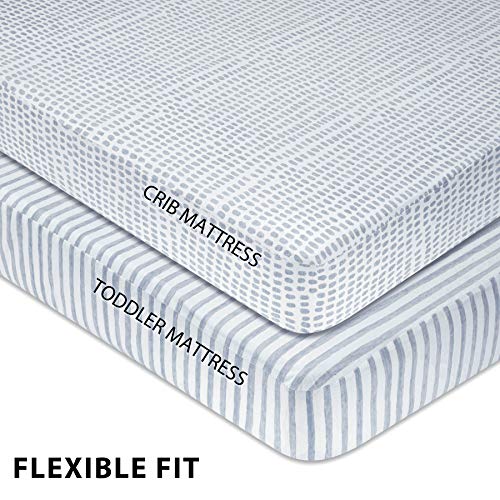 Ely’s & Co. Patent Pending Waterproof Crib│Toddler Bed Sheet 2-Pack Set for Baby Boy - 100% Cotton, Jersey Knit Cotton Sheets with Waterproof Lining — Misty Blue, Stripes and Splashes