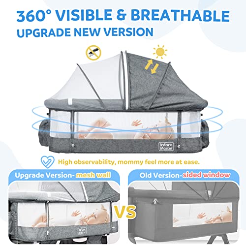 3 in 1 Baby Bassinet, Upgraded Beside Crib with 360° Highly Visible Mesh wall, Comfy Co-sleeper Bassinet with mattress, 5 Level Adjustable Height, Foldable & Portable BabyTravel Crib for Newborn, Grey