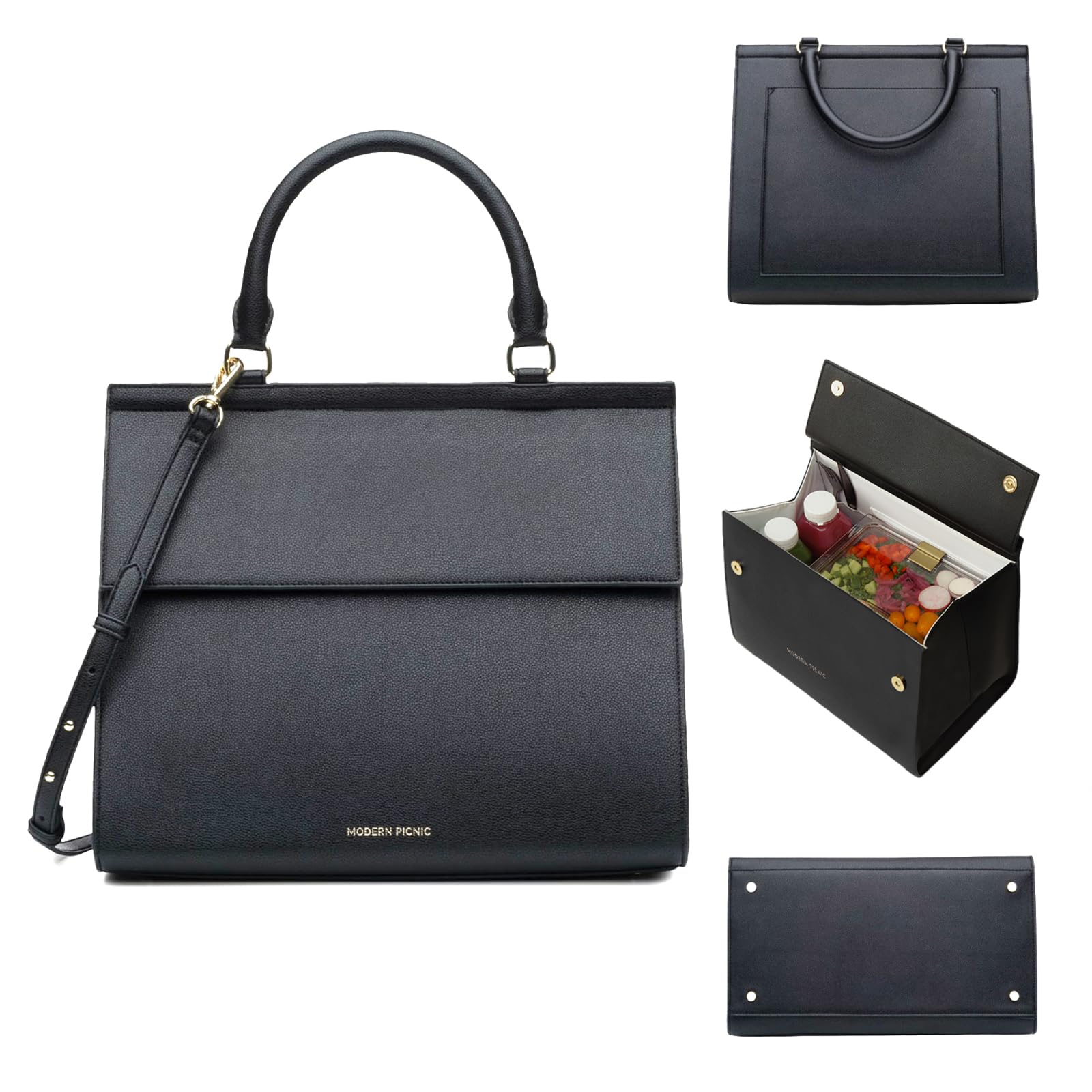Modern Picnic Vegan Leather Lunch Bag for Women, Cooler Lunch Bag for Girls, Easily Wipeable, Adjustable Shoulder Strap, Women’s Lunch Bags for Work/Office/Outdoor, Black As Seen on Shark Tank